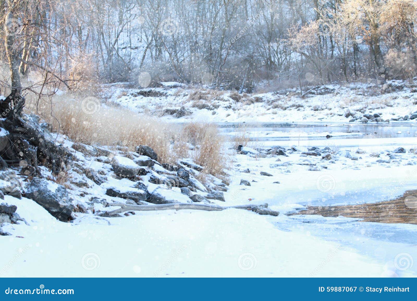 Snow Falling on River Scene Stock Image - Image of winter, falling ...