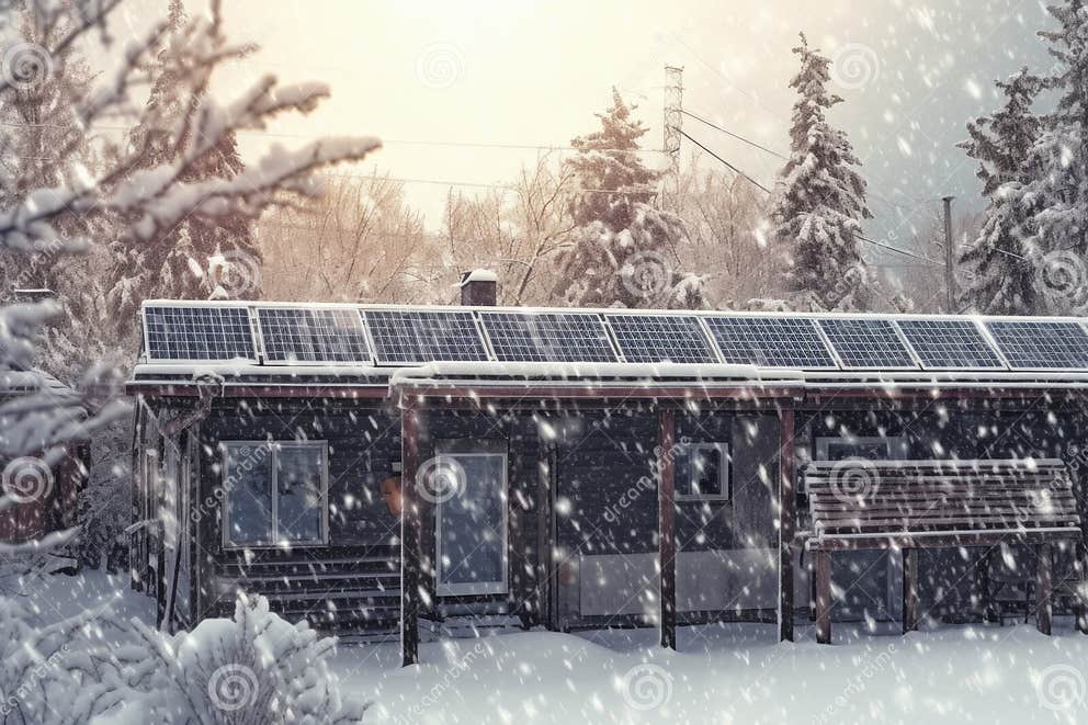 Snow Falling on Solar Panels, Accumulating on Surface Stock ...