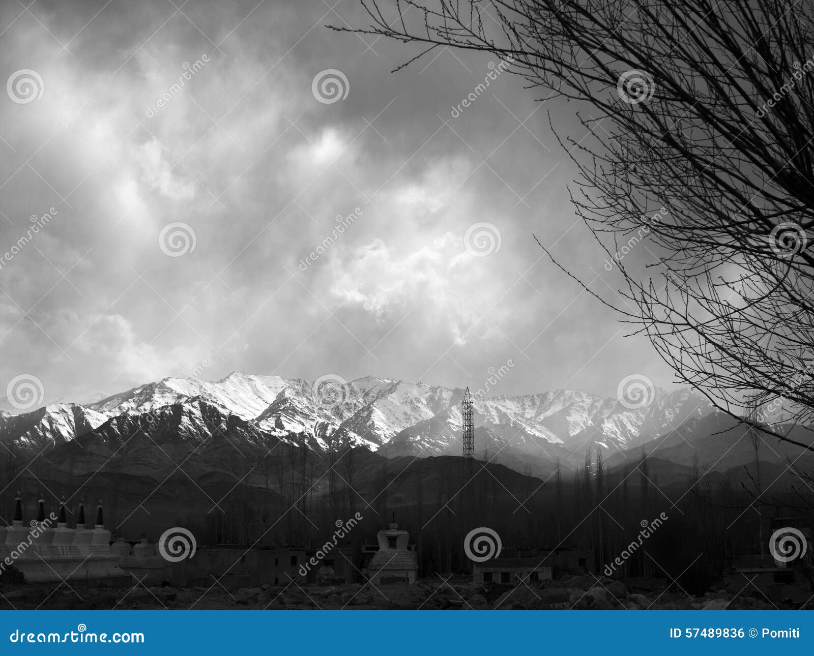 Snow Falling on the Top of Mountains Stock Photo - Image of monotone ...