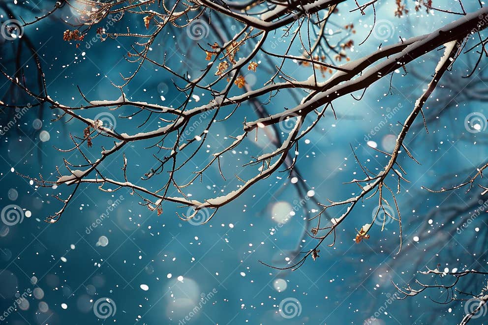 Snow Falling on Tree Branches with Blue Sky Background Stock Image ...