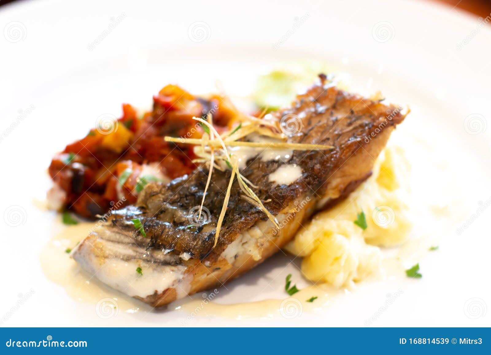 Snow Fish Steak on White Plate Stock Image - Image of garnish ...
