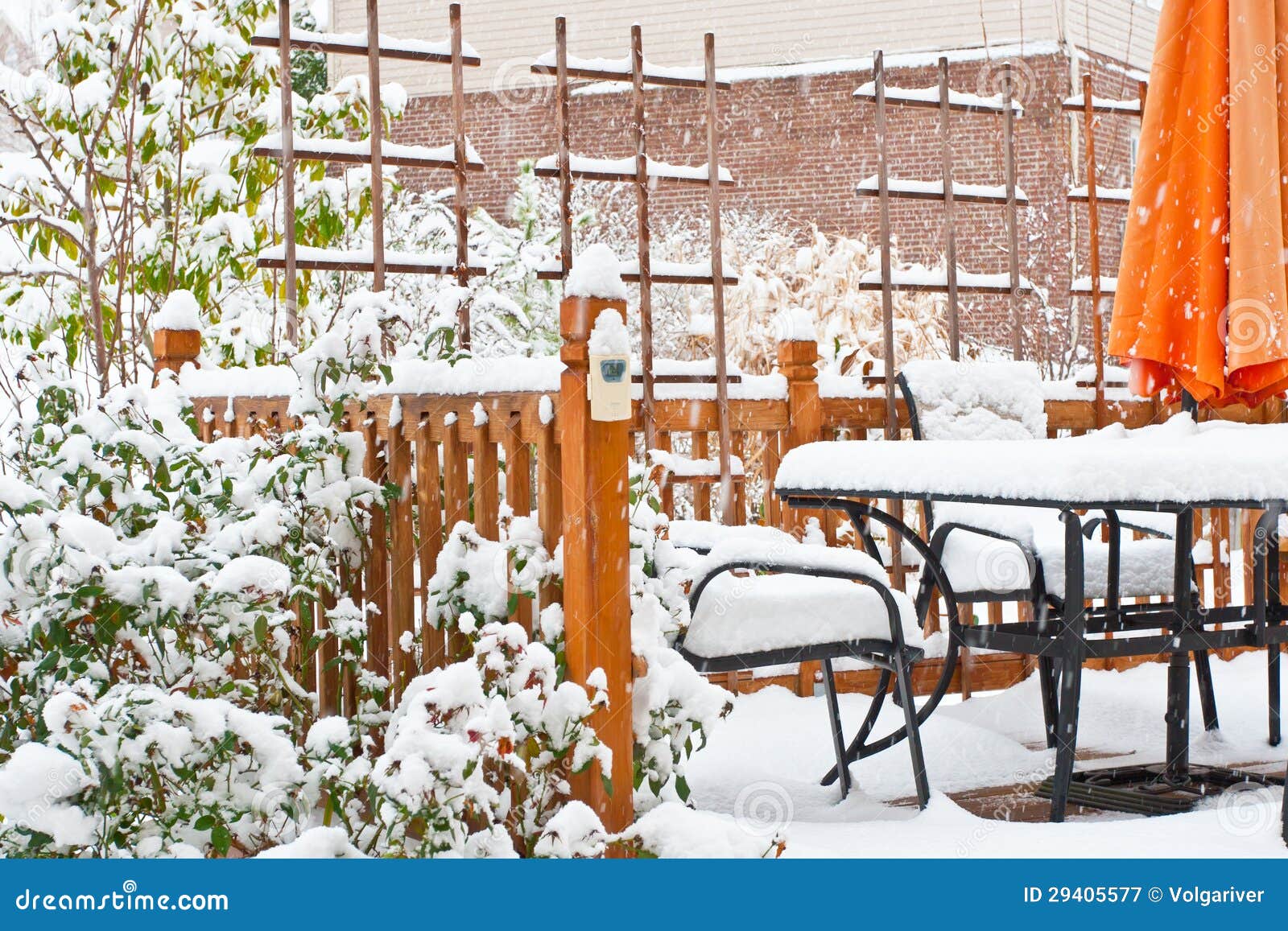 Snow on garden patio stock image. Image of bench, backyard - 29405577