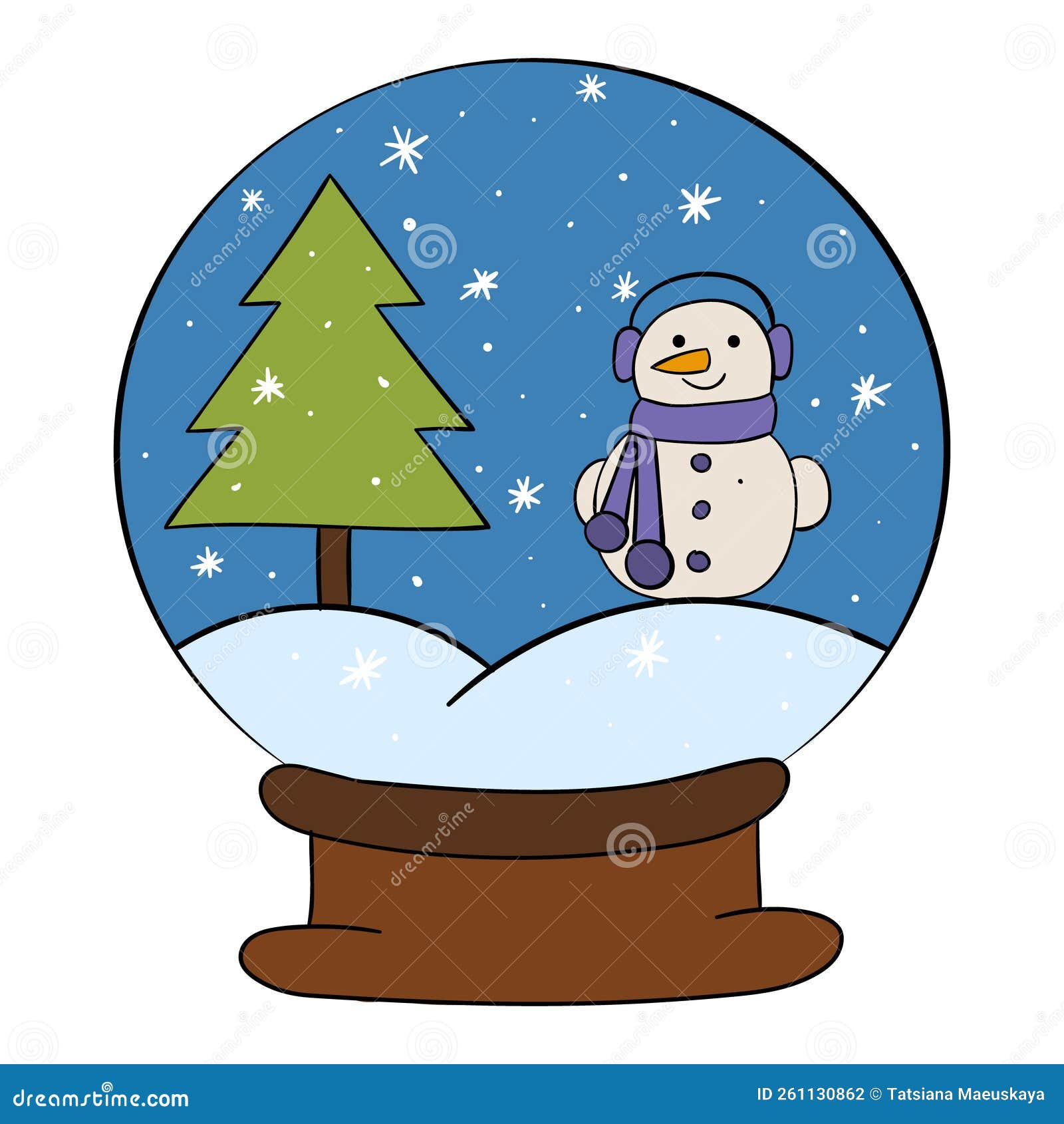 A Snow Globe with a Christmas Tree and a Snowman. Vector Illustration ...