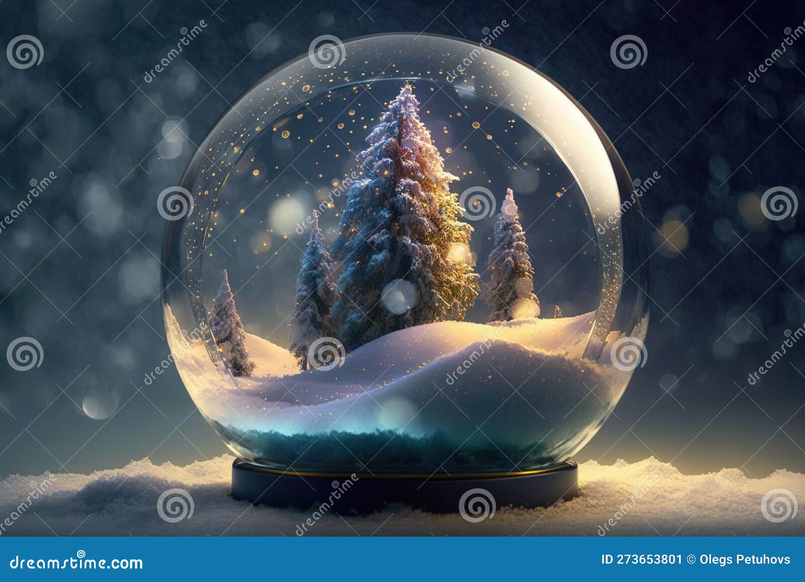 A Snow Globe with a Christmas Tree in it on a Snowy Surface Stock ...