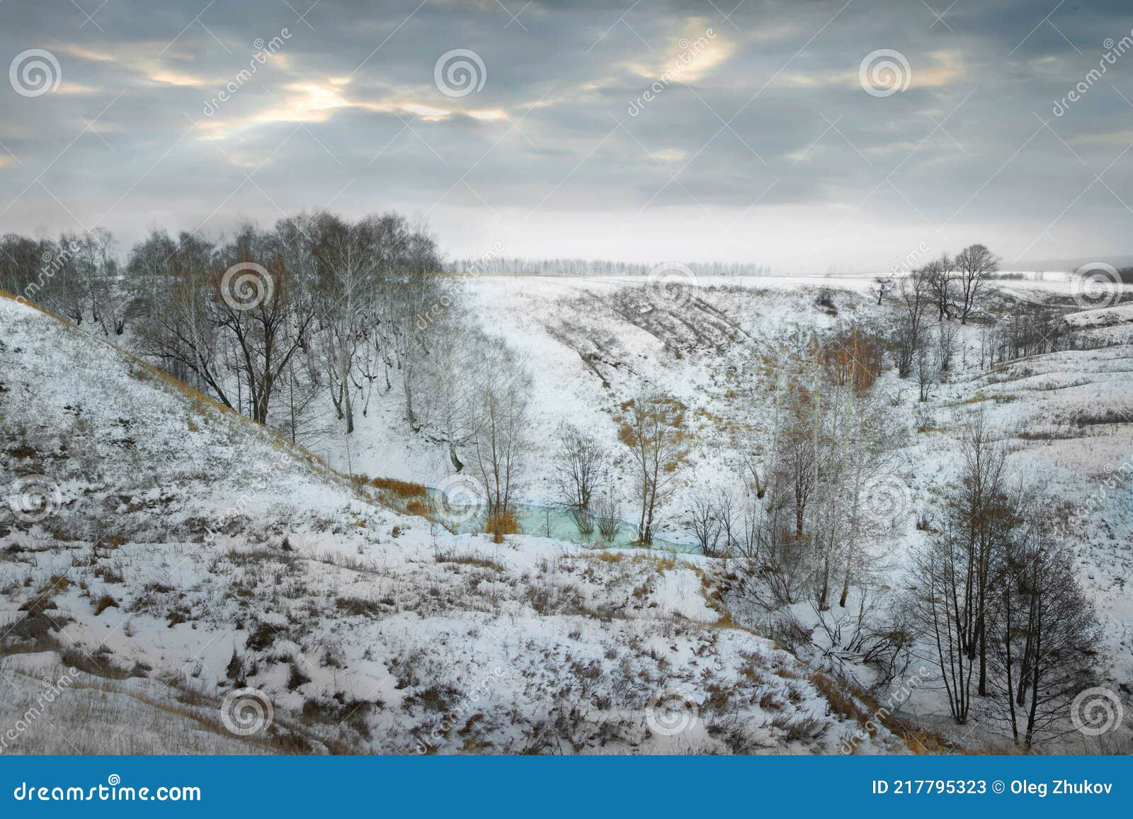 Snow gully at sunset stock image. Image of trees, winter - 217795323