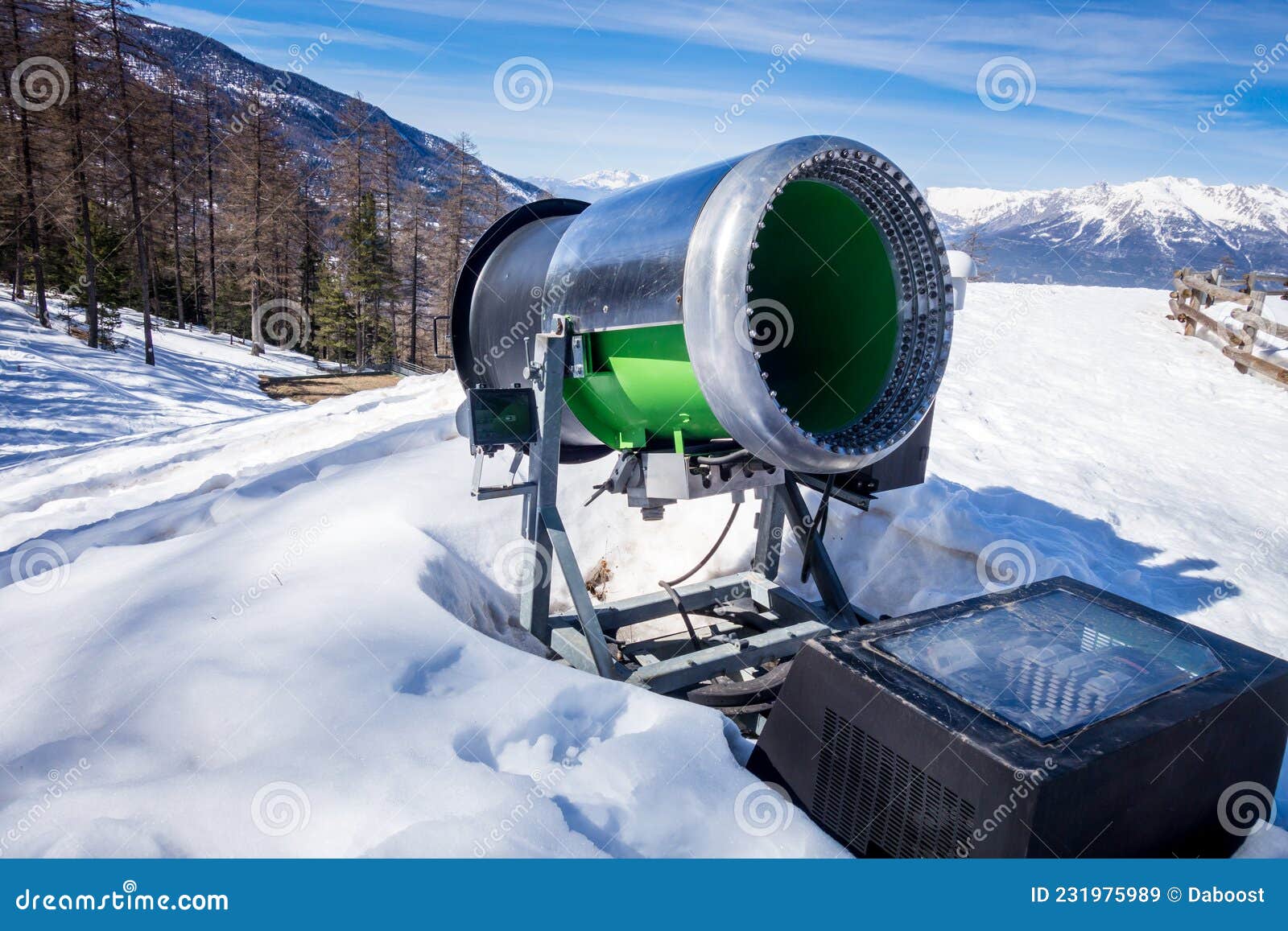 Snow gun in a ski resort stock image. Image of white - 231975989
