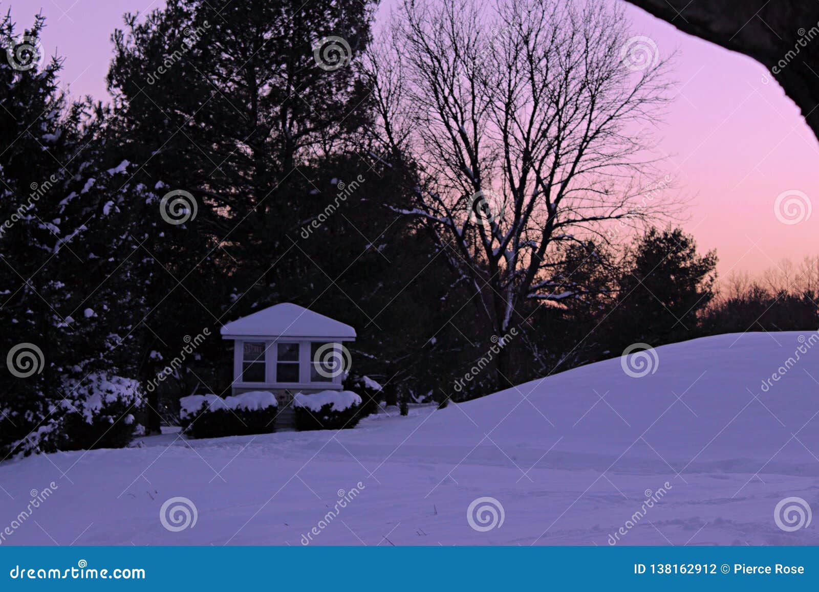 Snow hill stock photo. Image of tiny, sunset, house - 138162912
