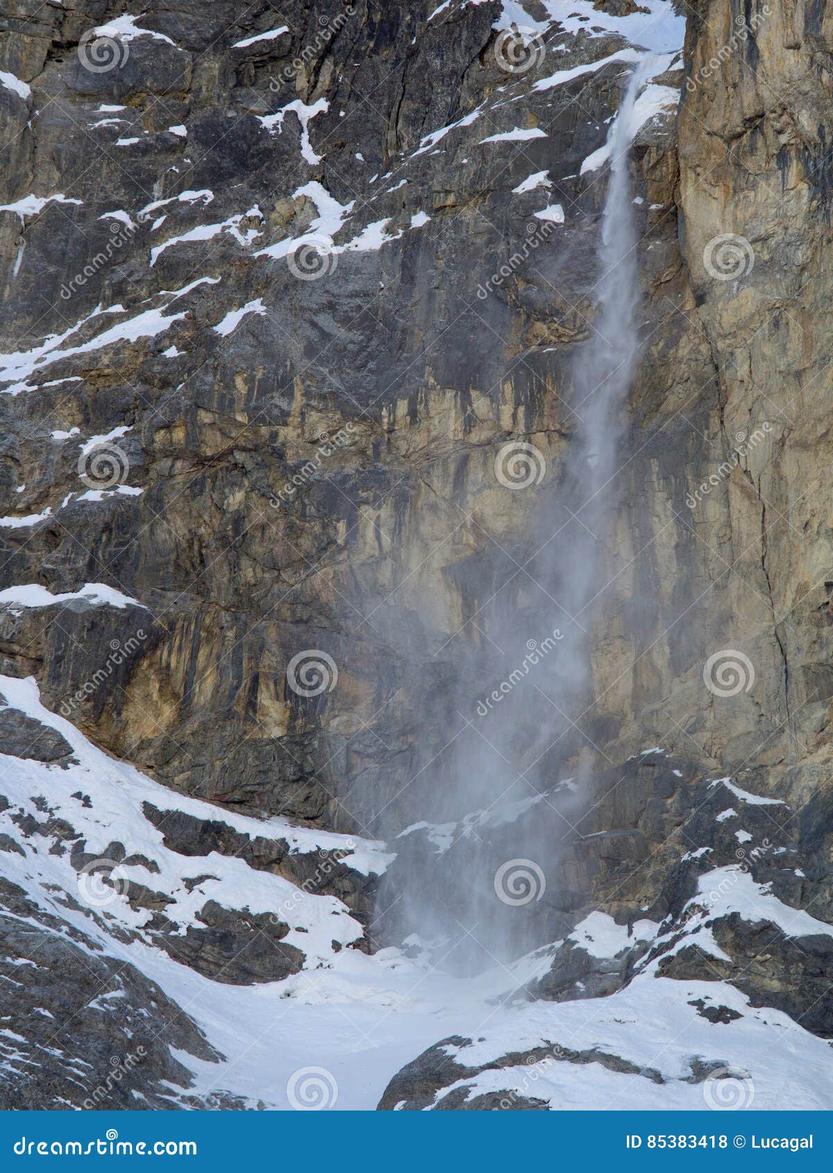 Snow , Ice and Stones Falling from a Vertical Mountain Wall Stock Photo ...