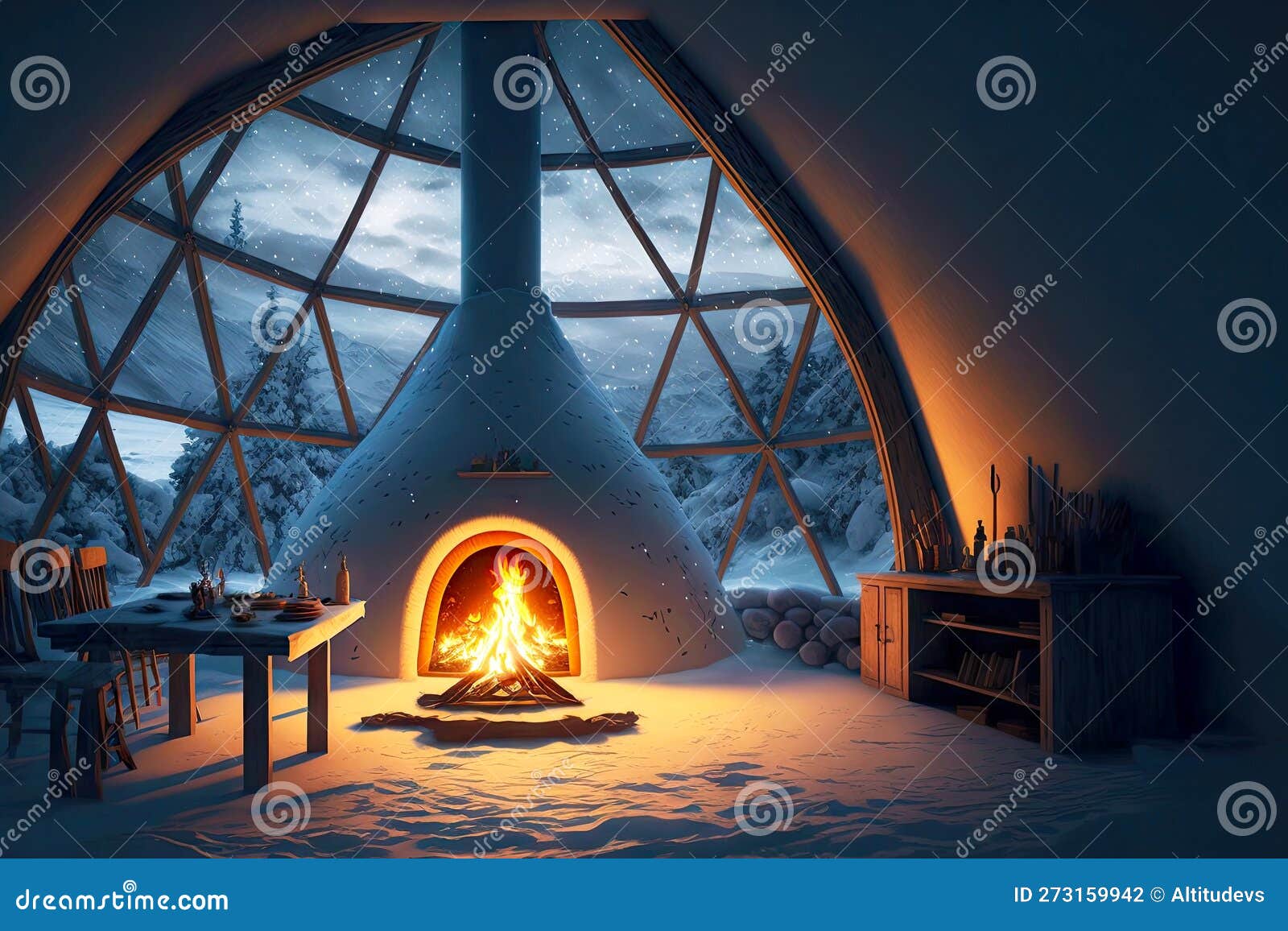 Snow Igloo Interior Space with Fireplace and Window and Table Stock Illustration - Illustration ...