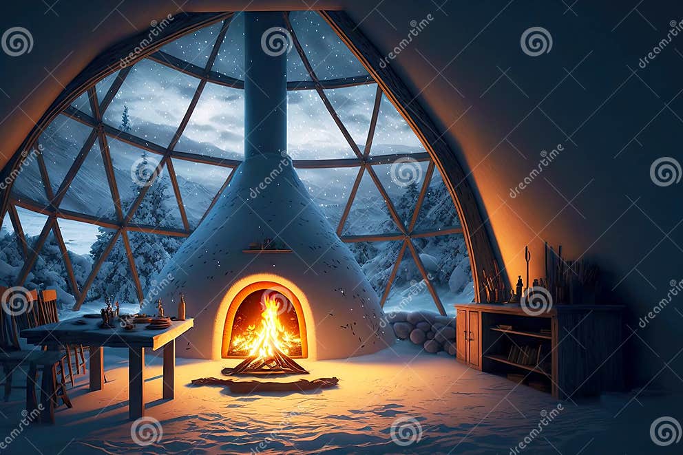 Snow Igloo Interior Space with Fireplace and Window and Table Stock ...