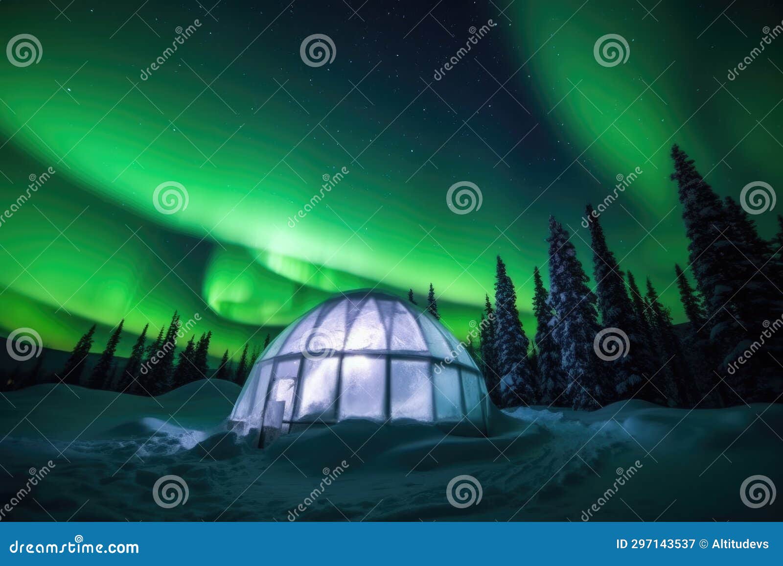 Igloo Under Starry Night Sky, Surrounded By Snow-covered Trees Stock ...