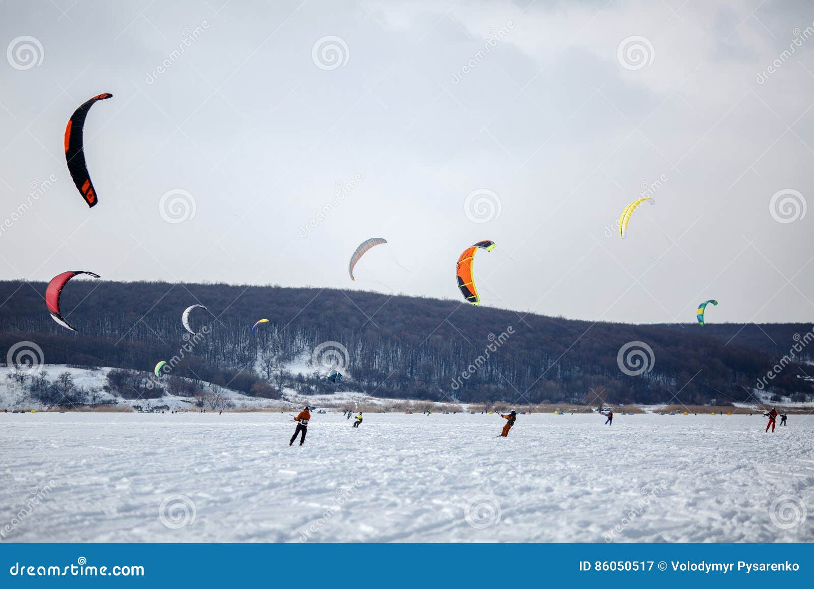 Snow Kiting on a Snowboard on a Frozen Lake Stock Image - Image of ...