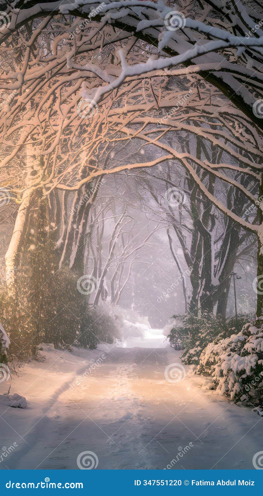 Snow Laden Branches Frame a Dreamy Path, Softly Lit by Falling ...