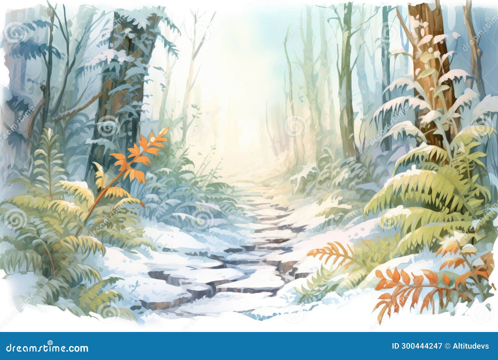 Snow-laden Ferns and Bushes Along a Forest Path Stock Image - Image of ...