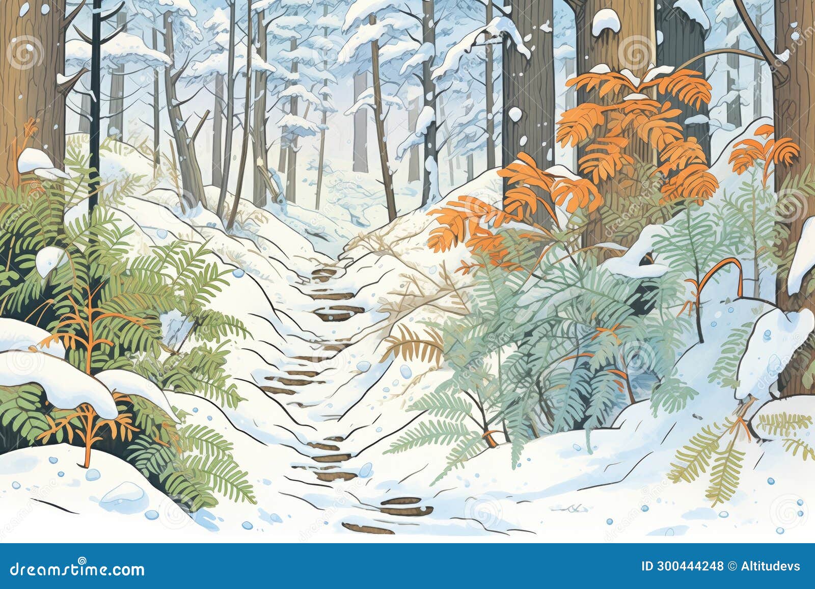 Snow-laden Ferns and Bushes Along a Forest Path Stock Photo - Image of ...