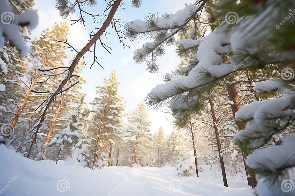 Snow-laden Pine Tree Branches Arching Over a Forest Trail Stock ...