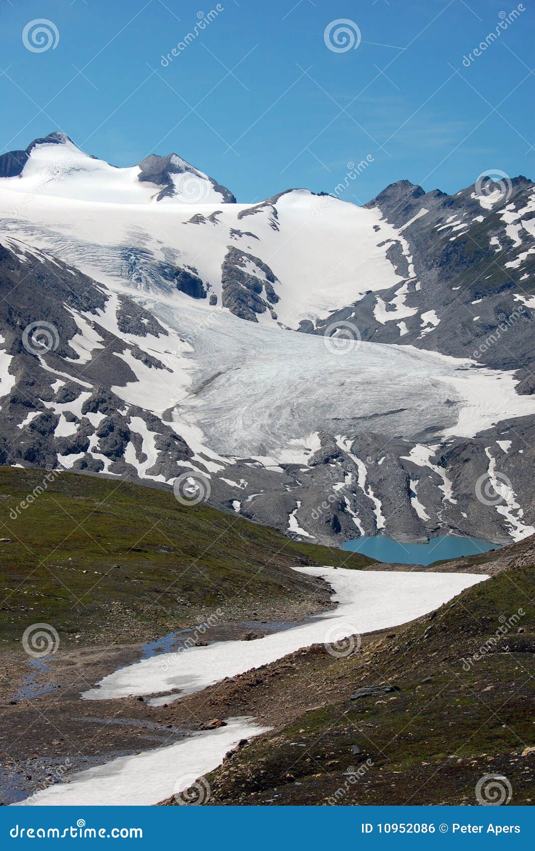 Snow and lake in summer stock photo. Image of slopes - 10952086