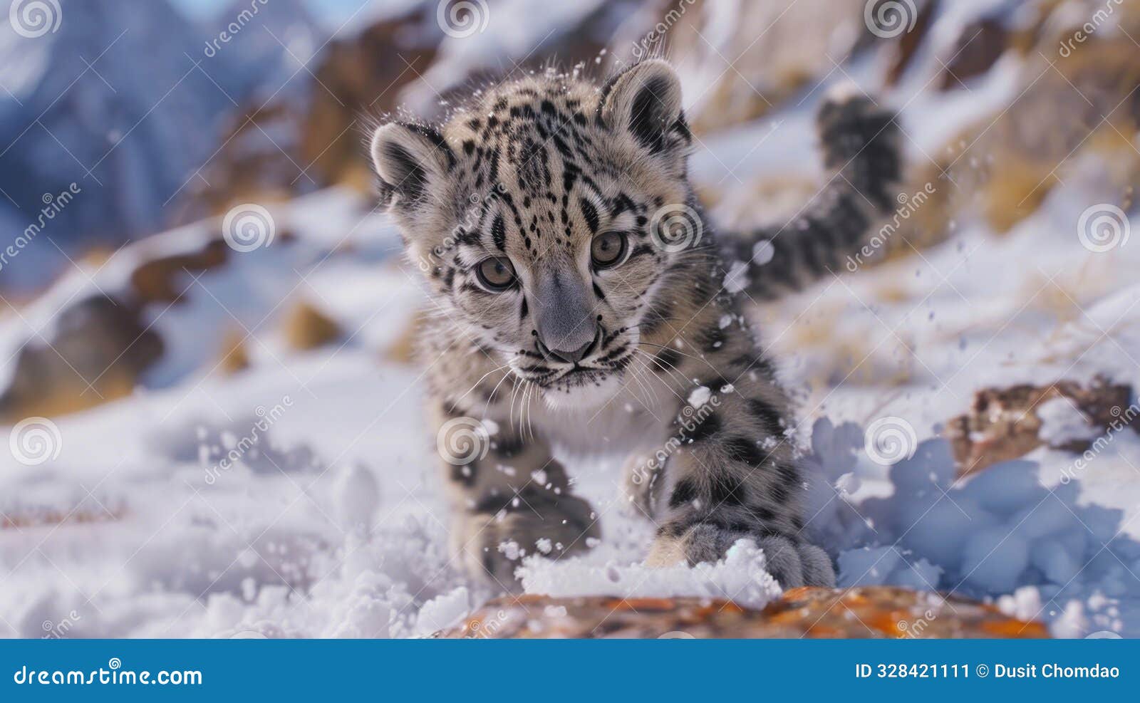 A Snow Leopard Baby Playfully Pouncing in the Snow. Stock Image - Image ...