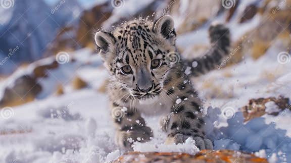 A Snow Leopard Baby Playfully Pouncing in the Snow. Stock Image - Image ...