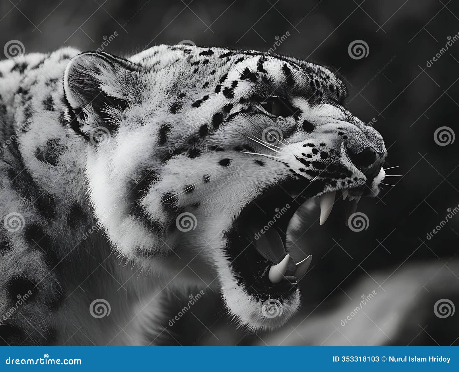 Snow Leopard Roaring Fiercely, Highlighting Sharp Teeth and Intense ...