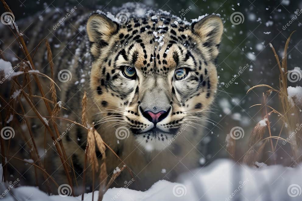 A Snow Leopard Stalking Its Prey Under a Snowfall Stock Image - Image ...