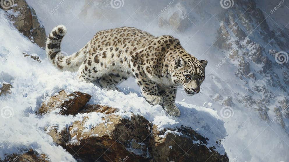 A Snow Leopard Stalking on a Snowy Mountain Peak Stock Illustration ...