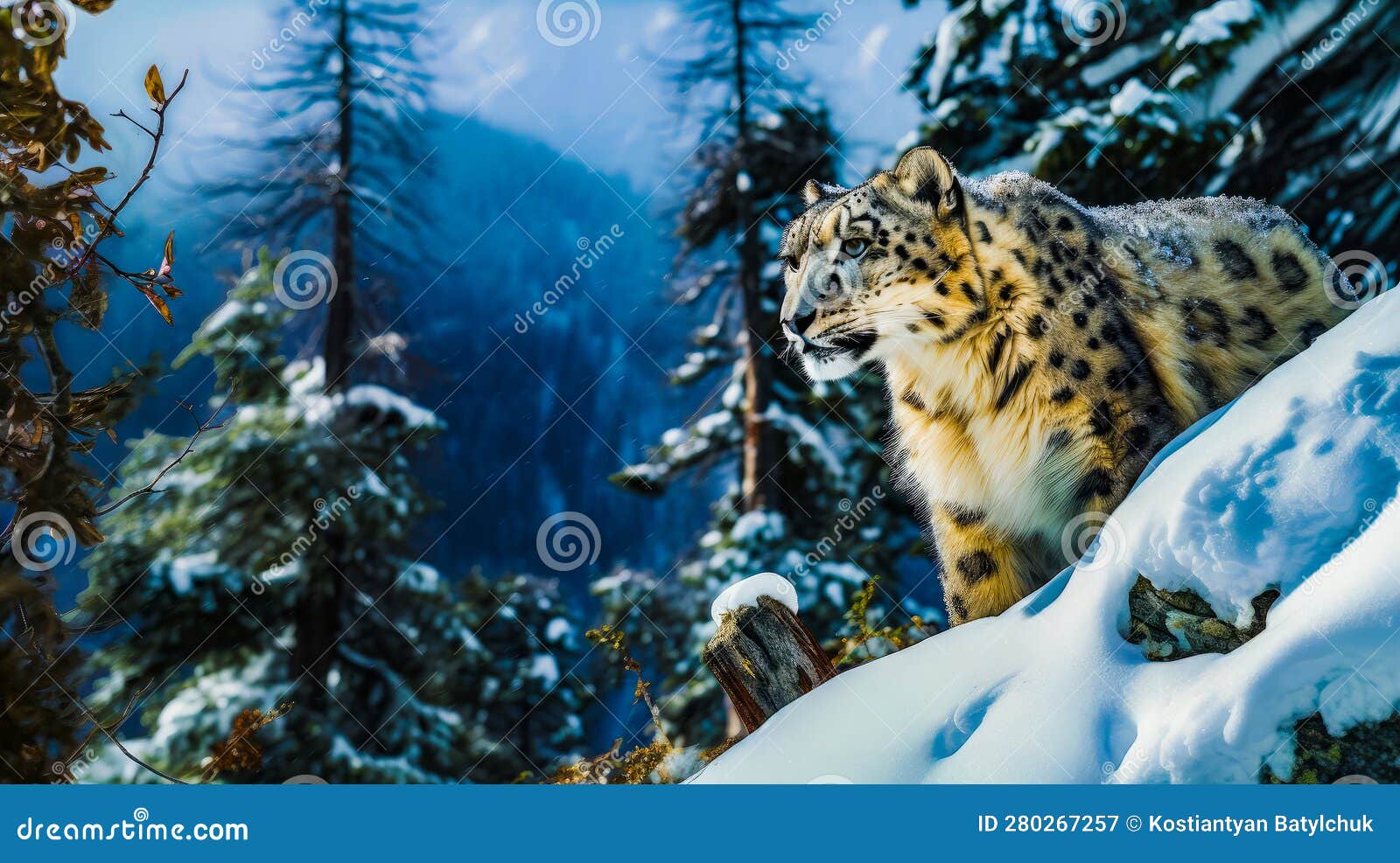 Snow Leopard Standing on Top of Snow Covered Hill Next To Forest ...