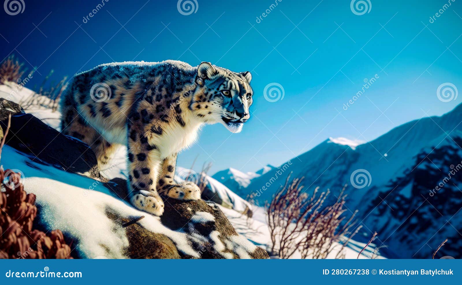 Snow Leopard Standing on Top of Rock in the Middle of Snow Covered ...