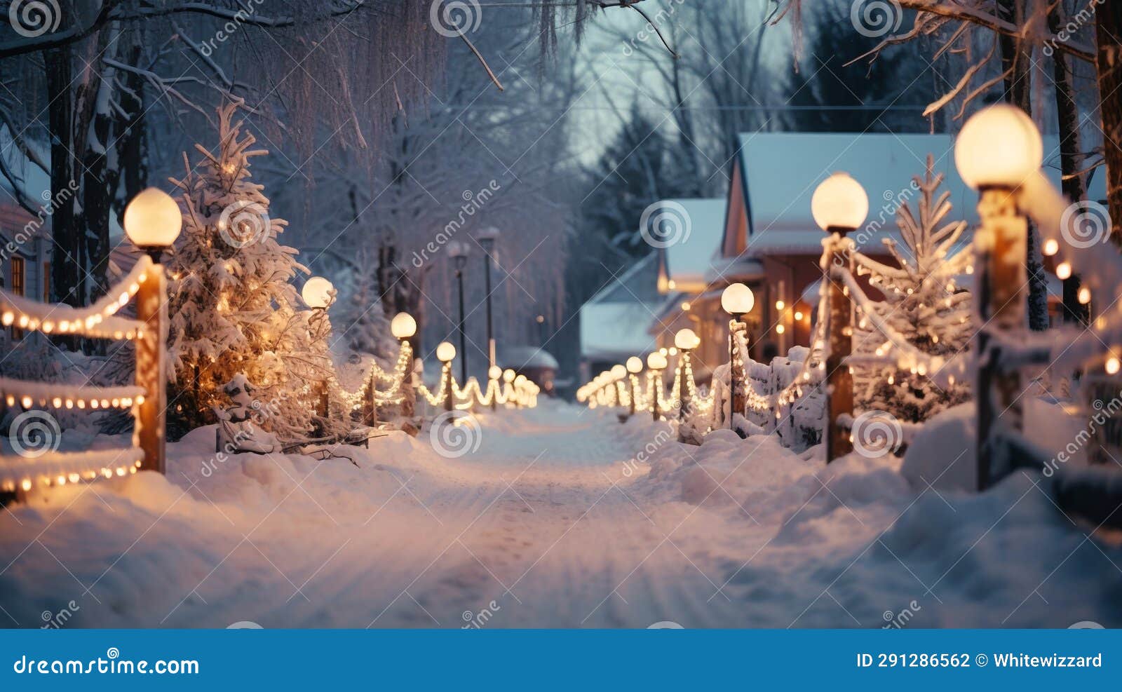 Snow-Lit Stroll: Village Pathway Aglow Stock Illustration ...