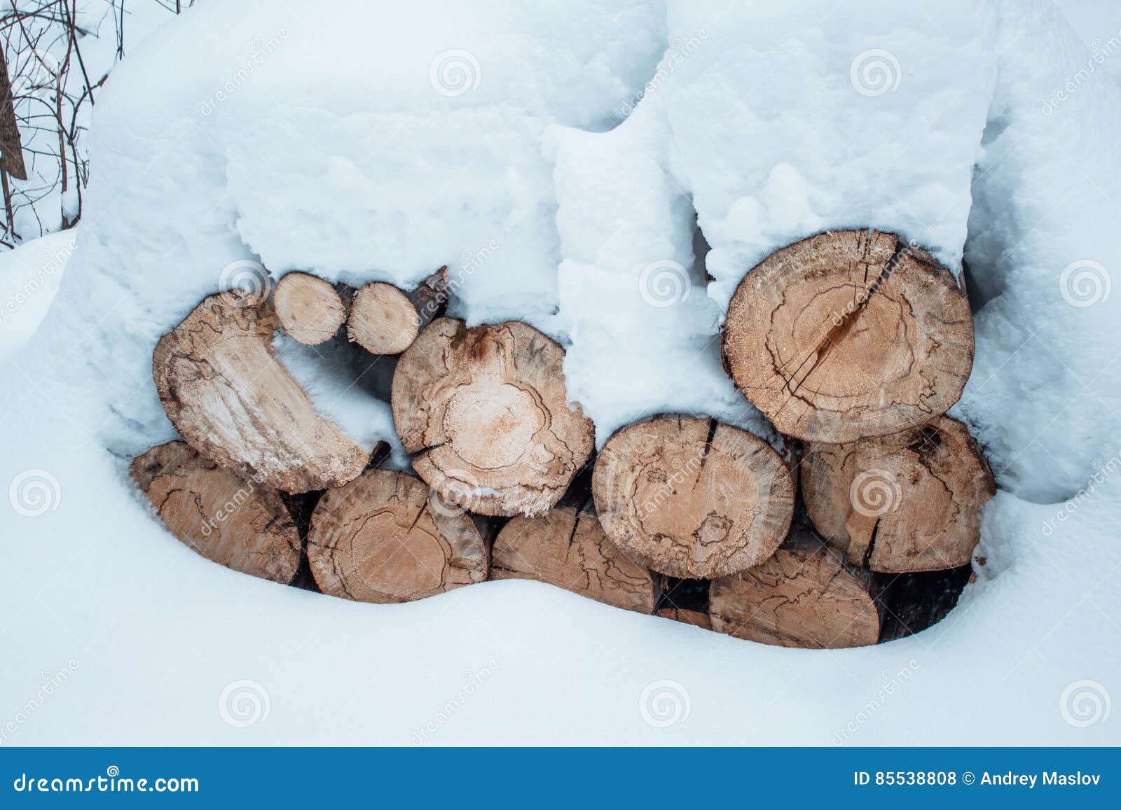 Snow Log Stack Lumber in Winter. Woodpile of Pine Stock Photo - Image ...