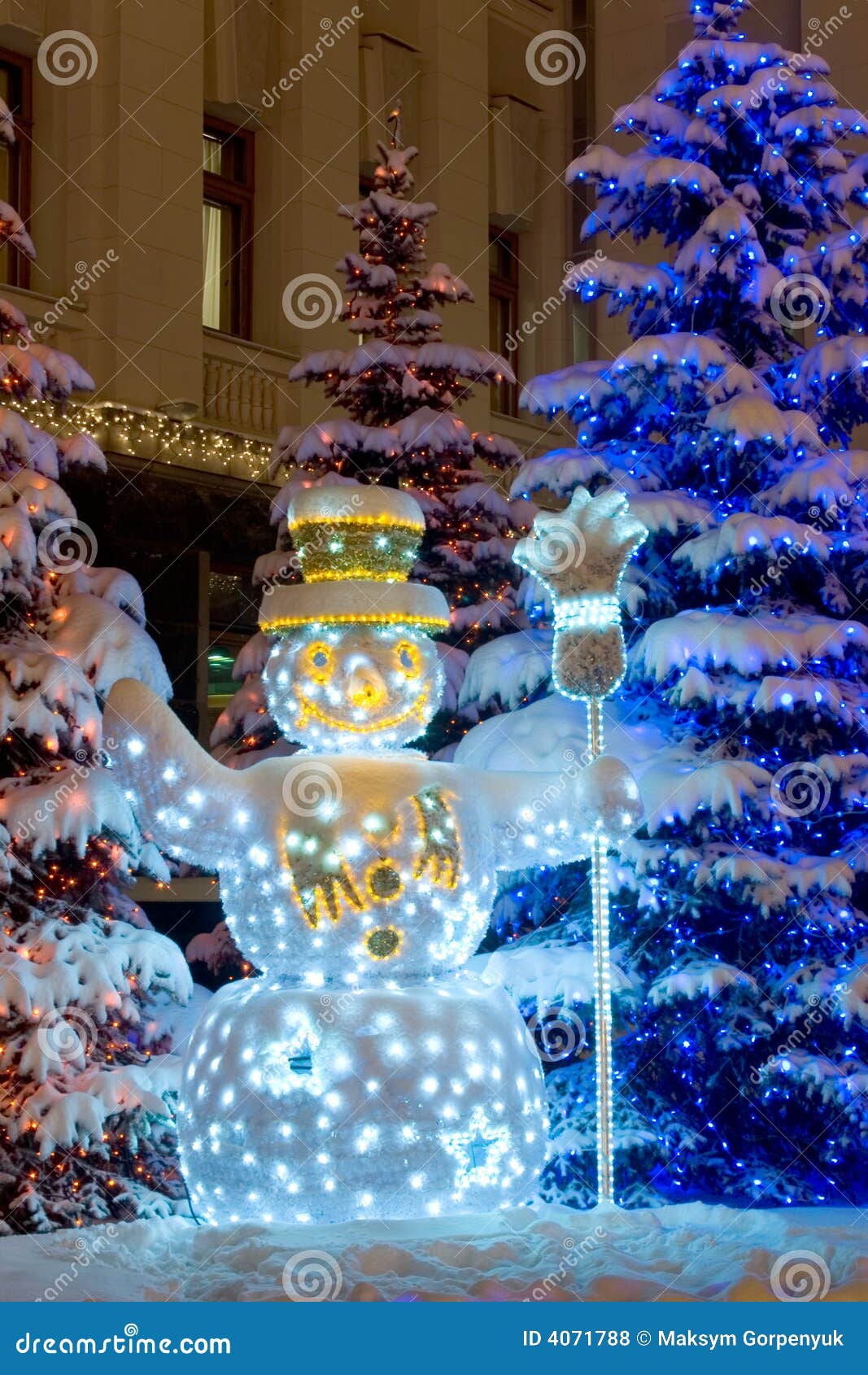 Snow Man Decorated with Garland Stock Photo - Image of decoration ...