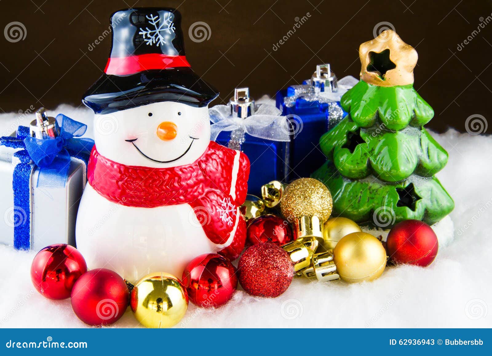 Snow Man with Gifts and Sparkle Ball. Stock Image - Image of ornament ...