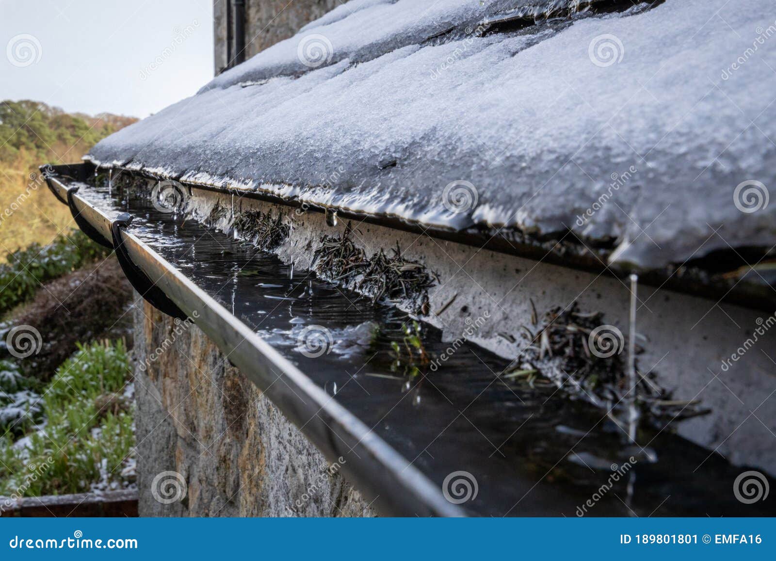 Snow Melting Off a Roof and Dripping into a Gutter, Ireland Stock Image ...