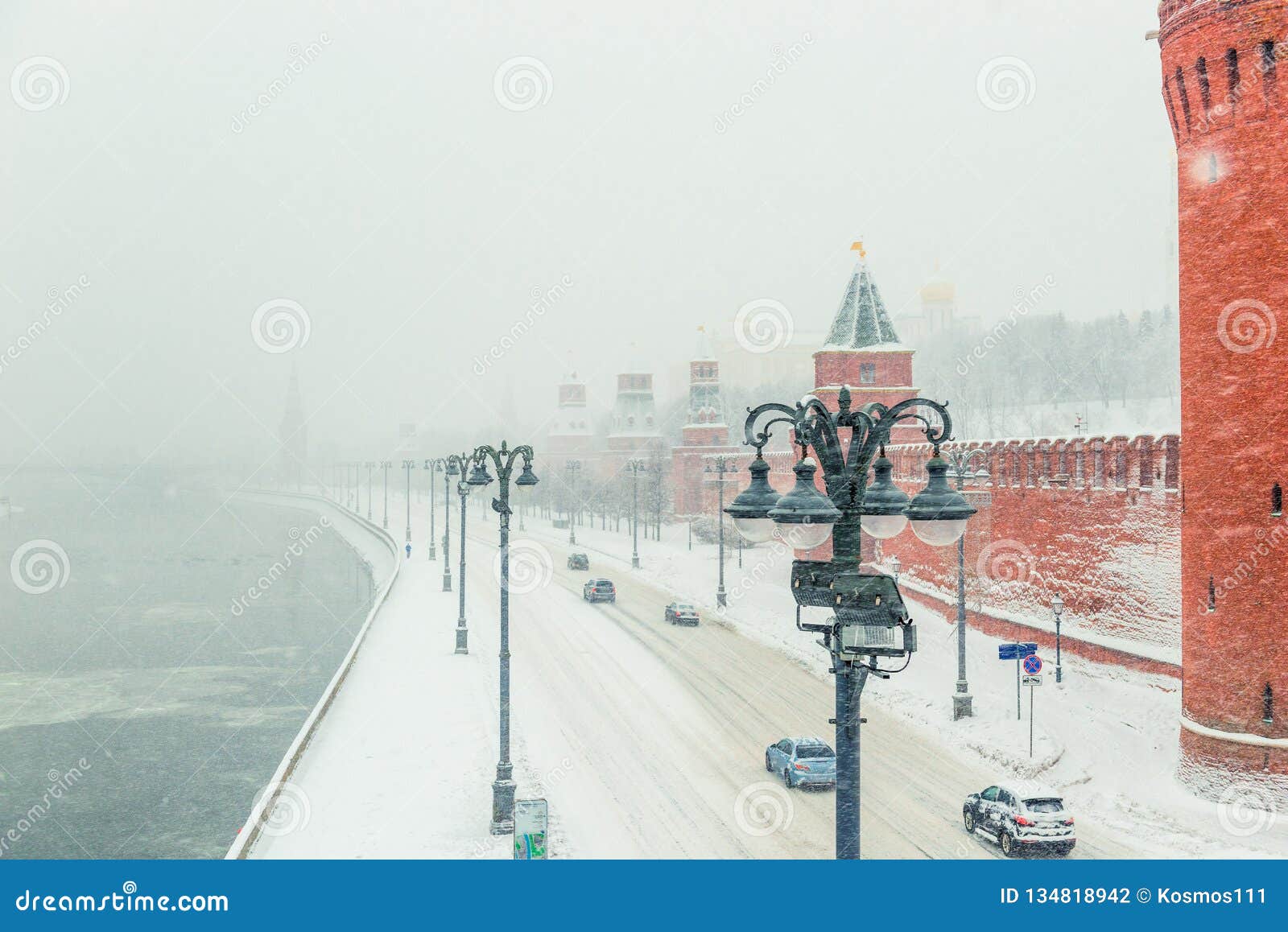 Snow Moscow in Winter, View of the Kremlin in a Blizzard Stock Photo ...