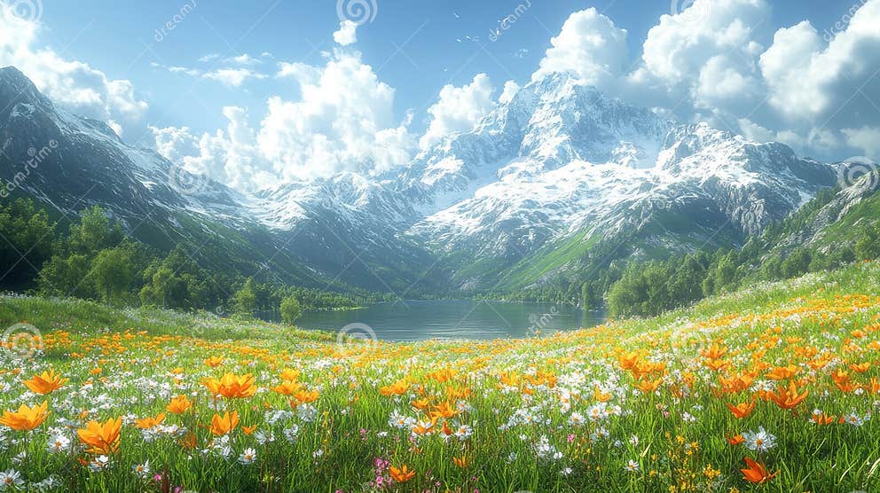 Snow Mountain with Lake and Meadow Stock Illustration - Illustration of ...