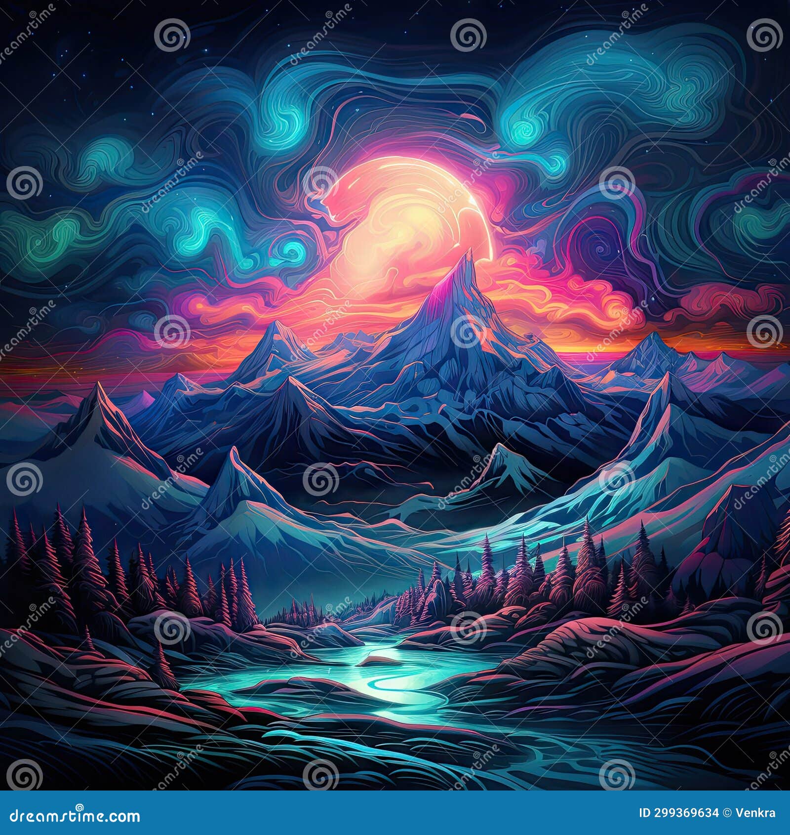 Snow mountain neon lights stock photo. Image of generated - 299369634