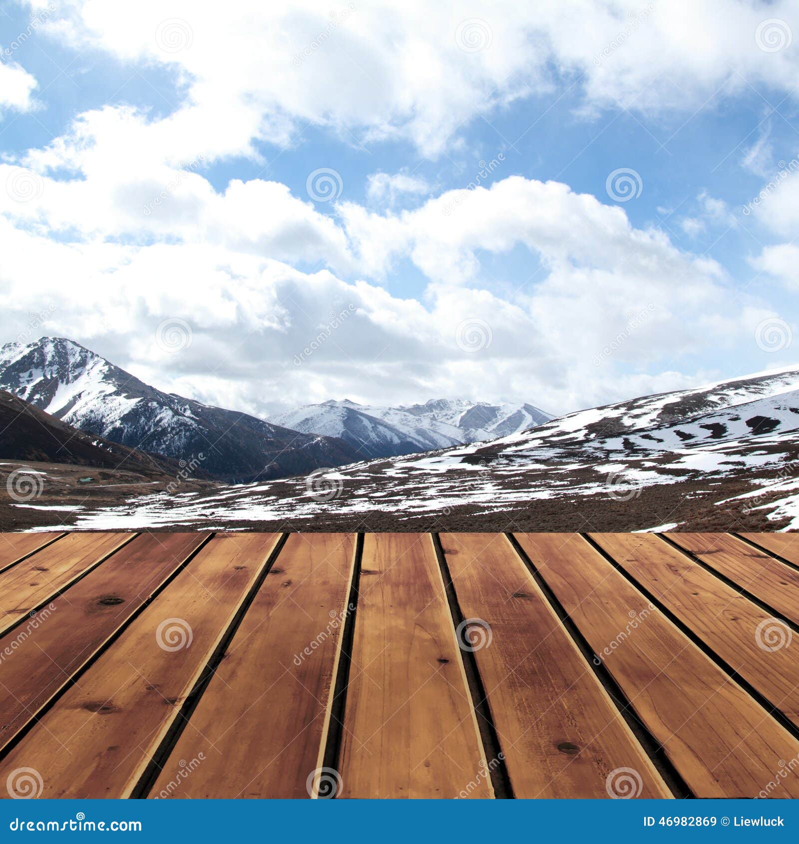 Snow Mountain with Sky and Wood Floor Stock Image - Image of background ...