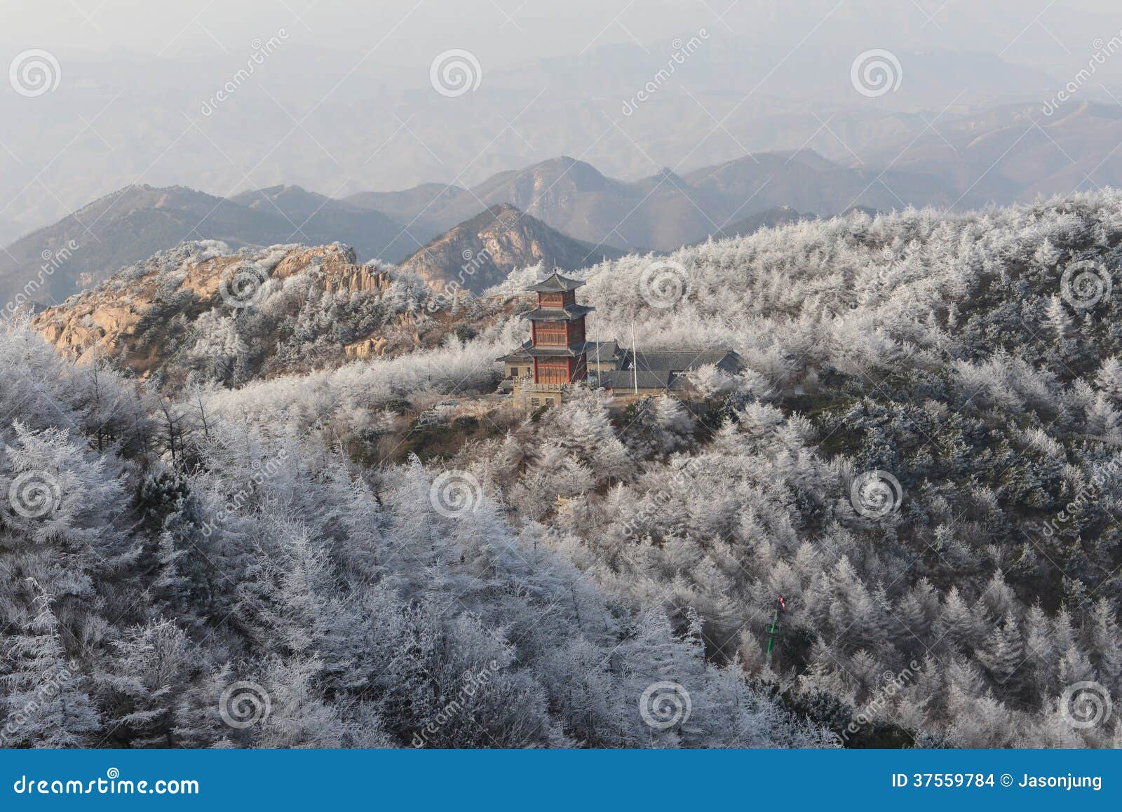 Snow Mountain with Temple in Winter Stock Photo - Image of winter, tree ...