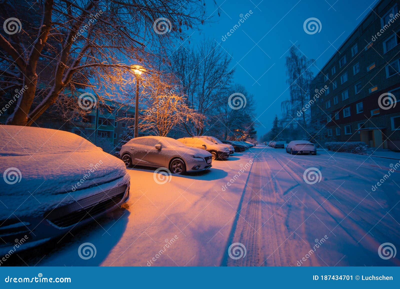 Snow in the night city stock image. Image of snowfall - 187434701