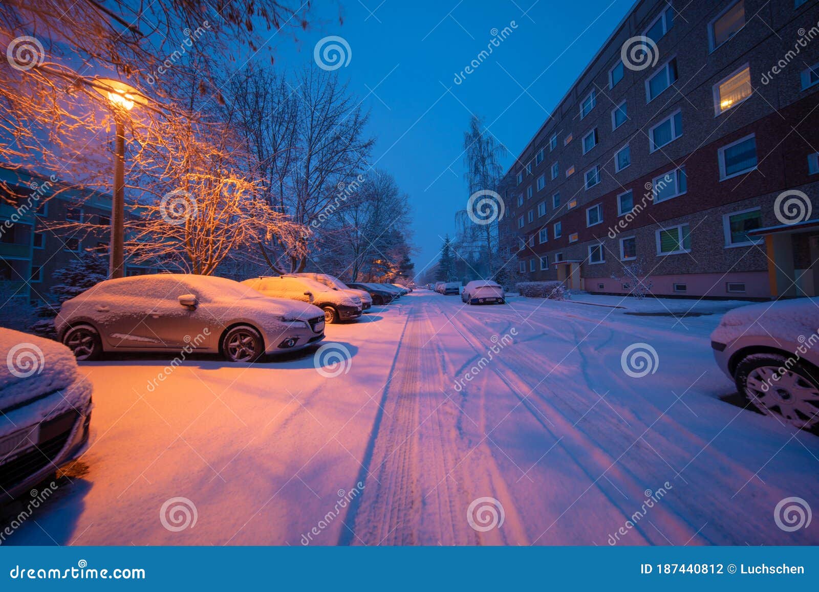 Snow in the night city stock photo. Image of bedtime - 187440812
