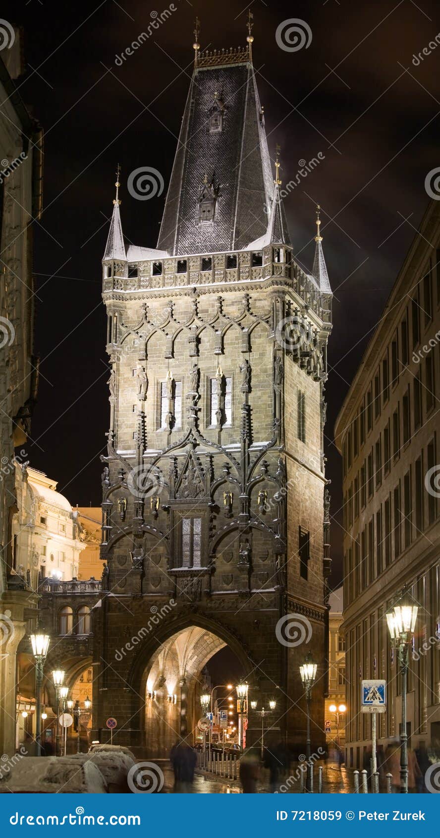 Snow in night Prague stock image. Image of tower, shadows - 7218059