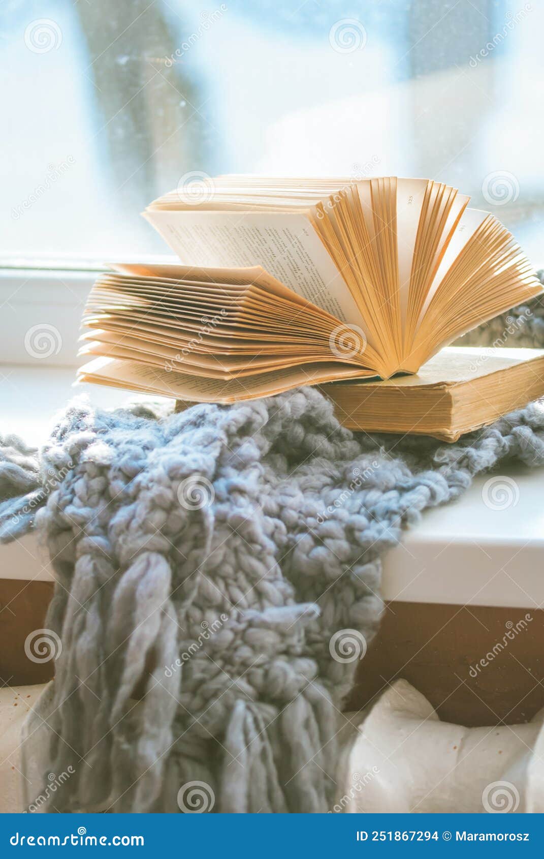 Snow Outside the Window and Open Book Stock Photo - Image of leisure ...