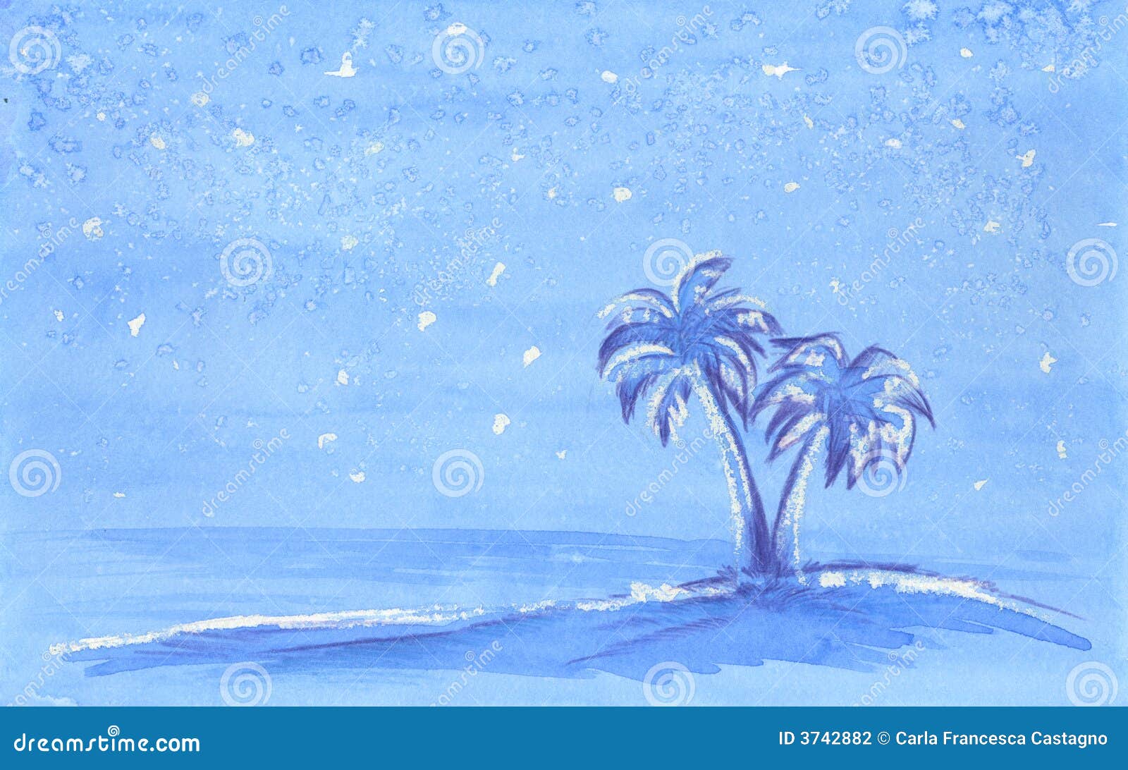 Snow on Palms, Hand Painted Blue Watercolor Stock Illustration ...