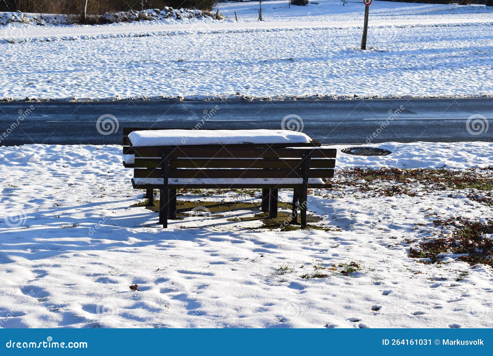 Snow on Park Bench and Table Stock Image - Image of wood, reflection ...