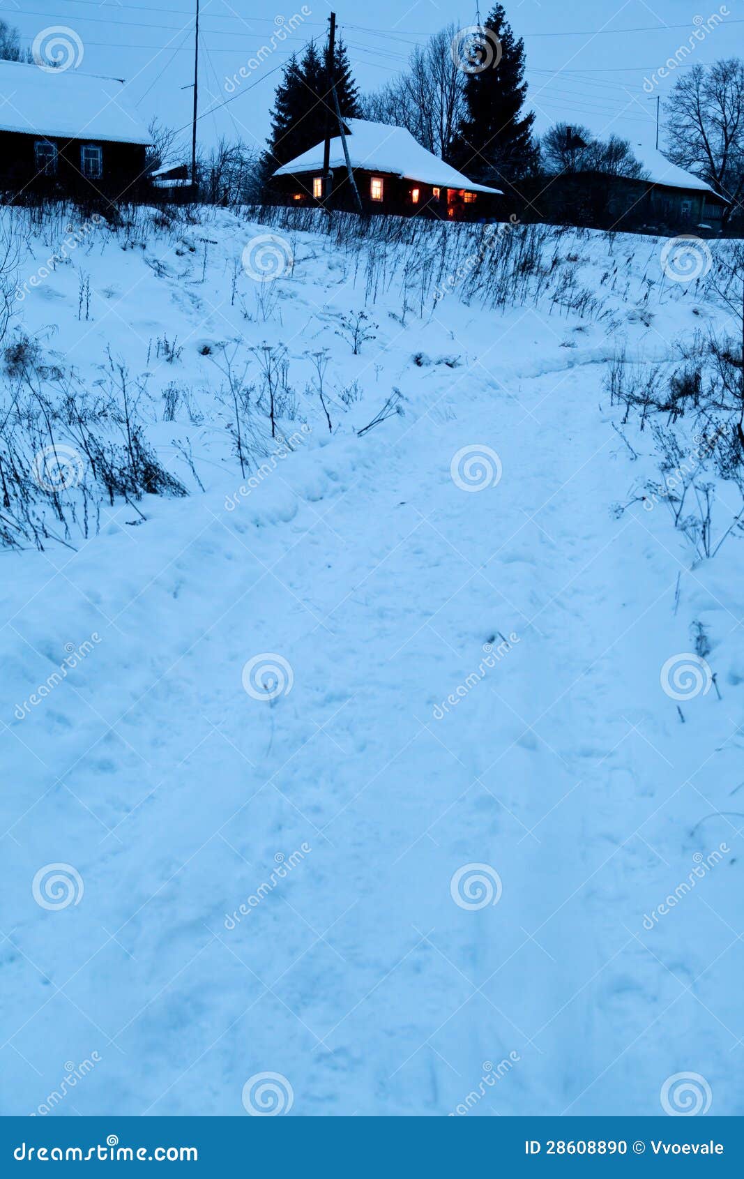 Snow Pathway in Country Village Stock Photo - Image of landscape, izba ...