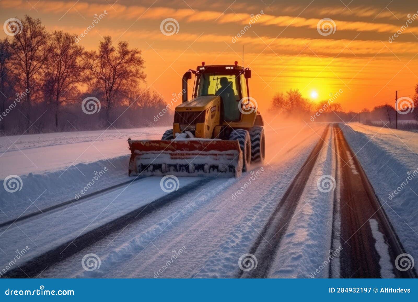 Snow Plow Clearing a Rural Road at Sunrise Stock Image - Image of ...