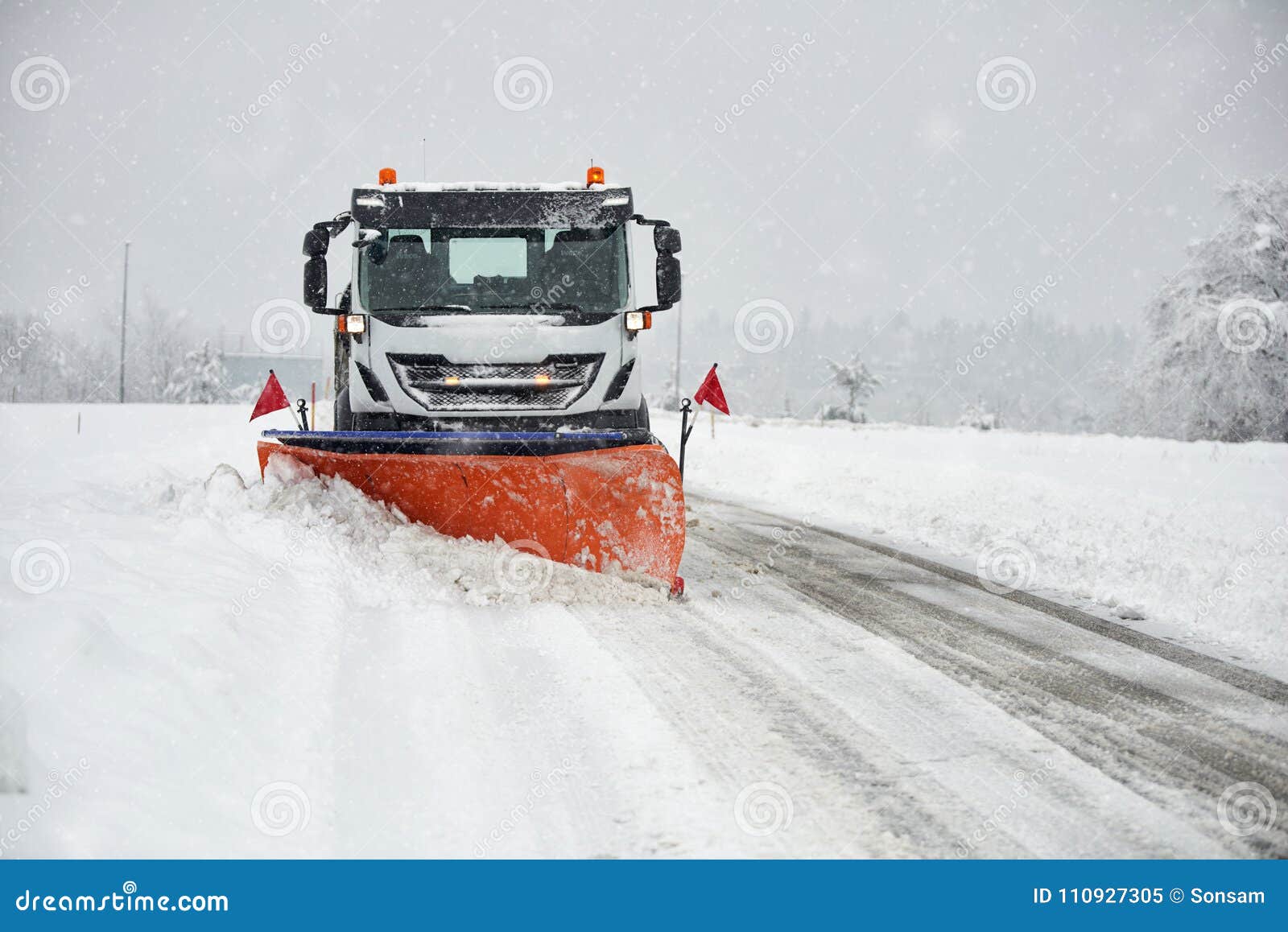 Snow Plow Clearing a Snowy Road Stock Image - Image of insurance, plow ...