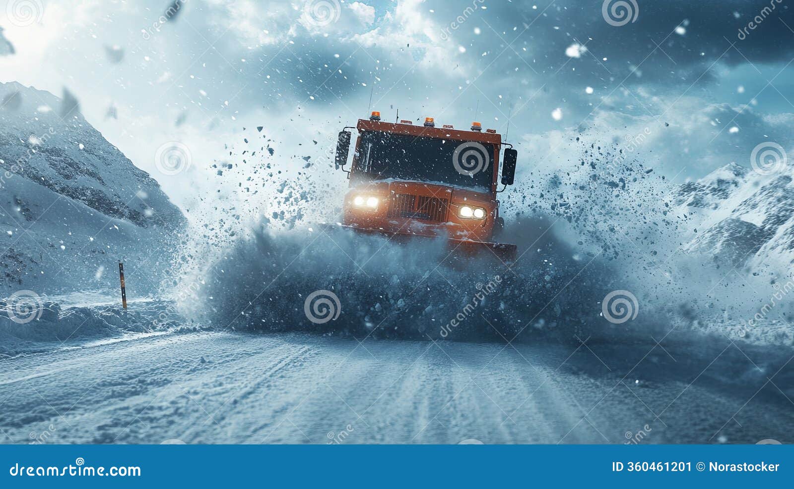 Snow Plow Machine Pushing Large Amounts of Snow Off a Mountain Road in ...