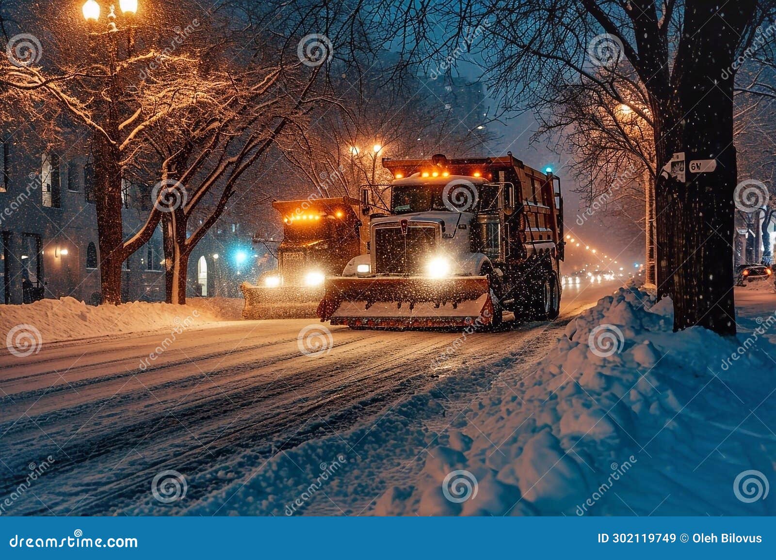 Snow Plow on the Road in the City at Night Stock Image - Image of ...