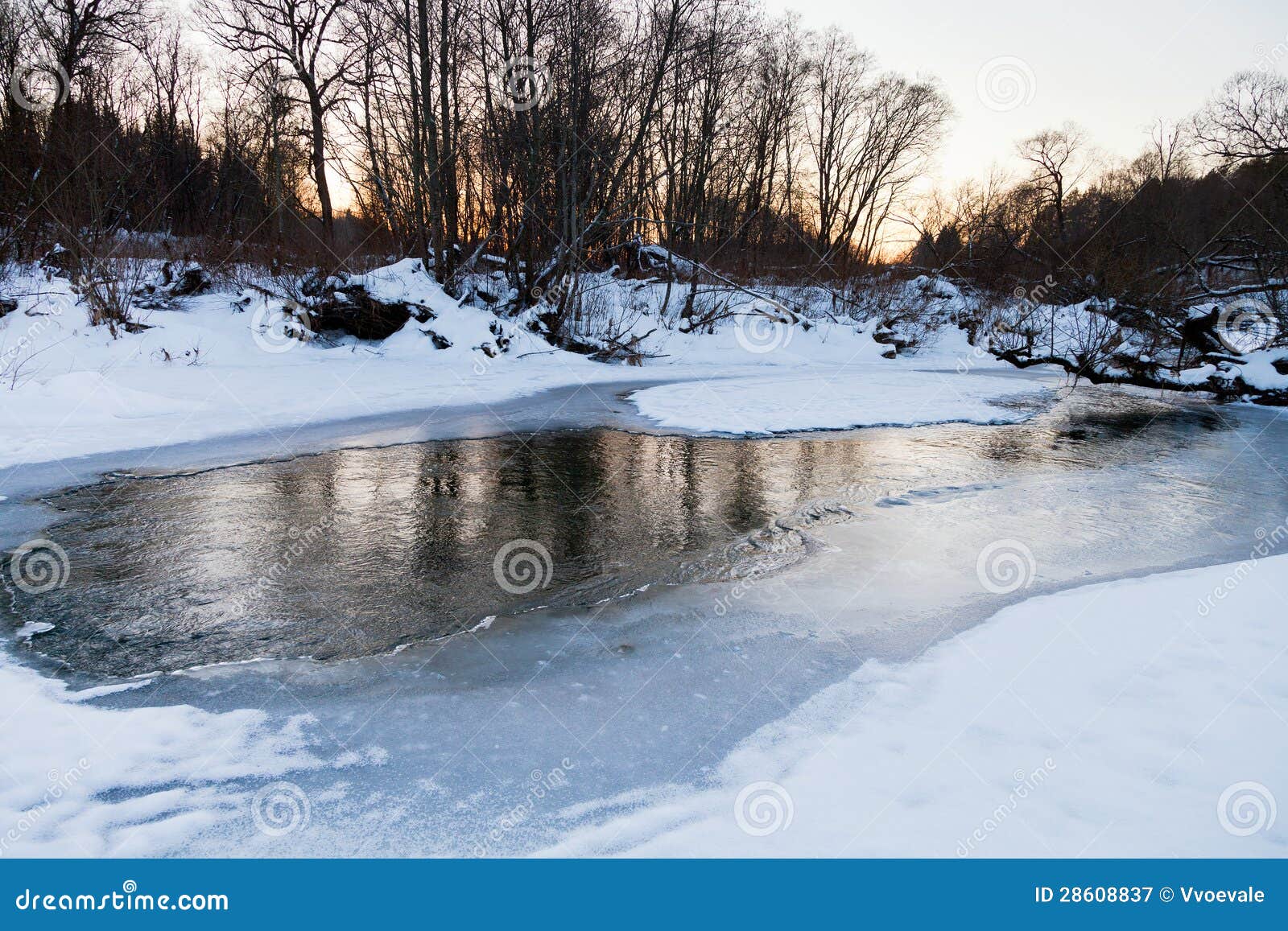 Snow Riverbank of Forest Stream in Winter Stock Image - Image of pond ...